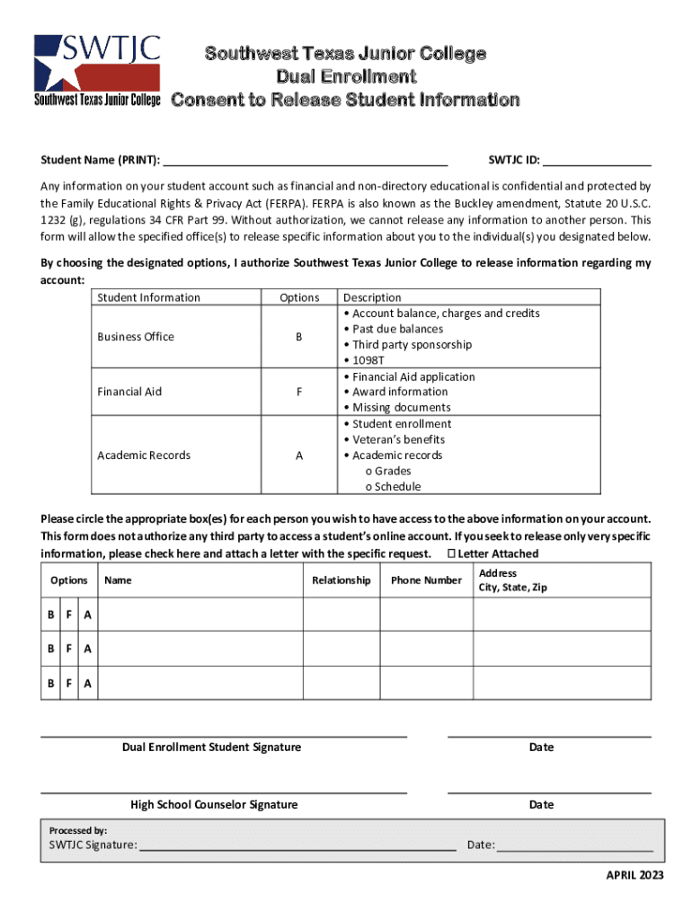 Fillable Online Southwest Texas Junior College Dual Enrollment Consent ...
