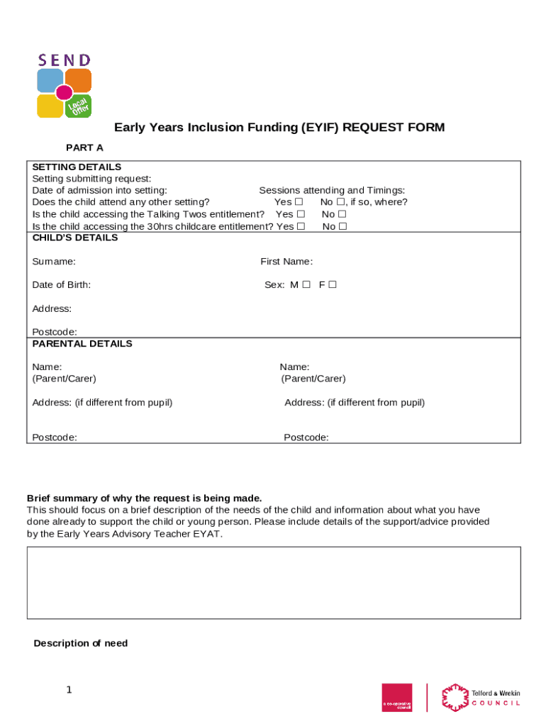 Early Years Inclusion Funding (EYIF) REQUEST Doc Template | pdfFiller
