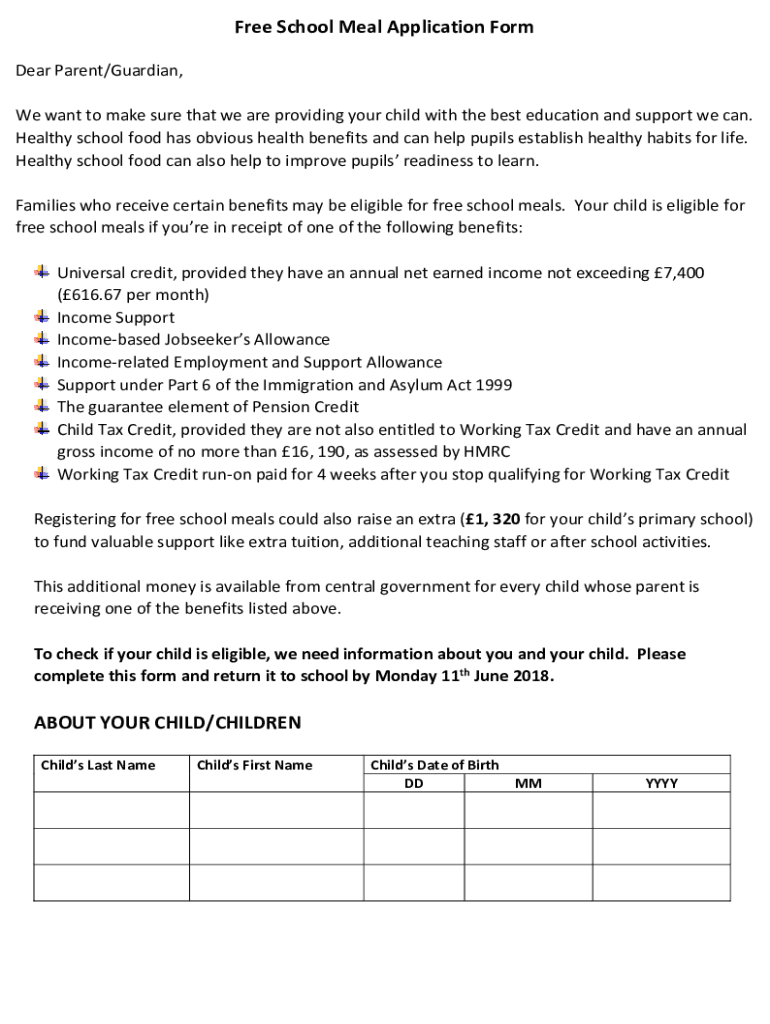 Fillable Online Free School Meal Application Form ABOUT YOUR CHILD ...