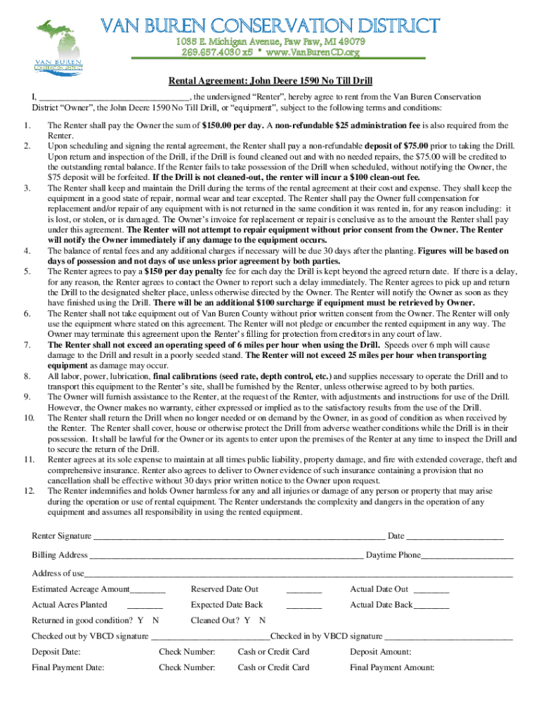 Fillable Online Rental Agreement: John Deere 1590 No Till Drill Fax Email Print - pdfFiller