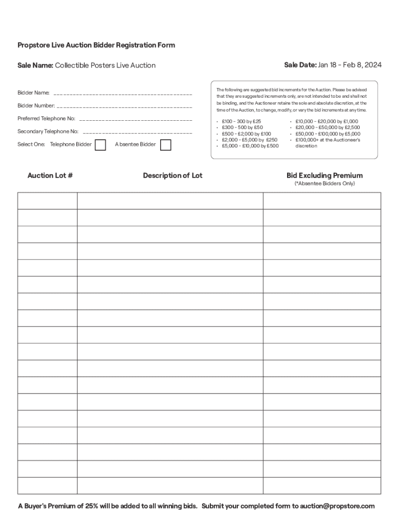 Fillable Online Propstore Live Auction Bidder Registration Form - Sale Name Fax Email Print ...