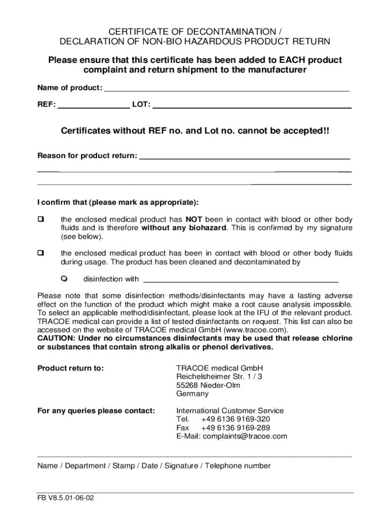 Fillable Online Equipment Decontamination & Return Certificate Fax ...
