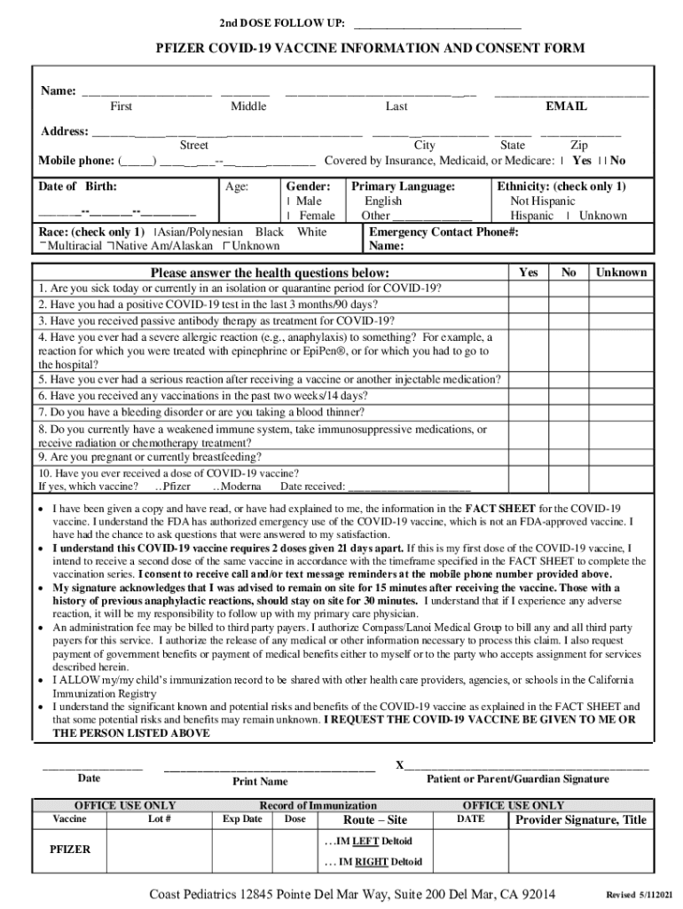 Fillable Online Pfizer-BioNTech COVID-19 Vaccine Consent Form Address Fax Email Print - pdfFiller