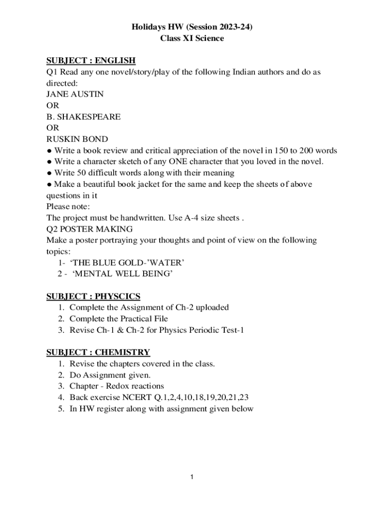 Fillable Online SUMMER HOLIDAY HOMEWORK CLASS -XI(HUMANITIES ... Fax ...