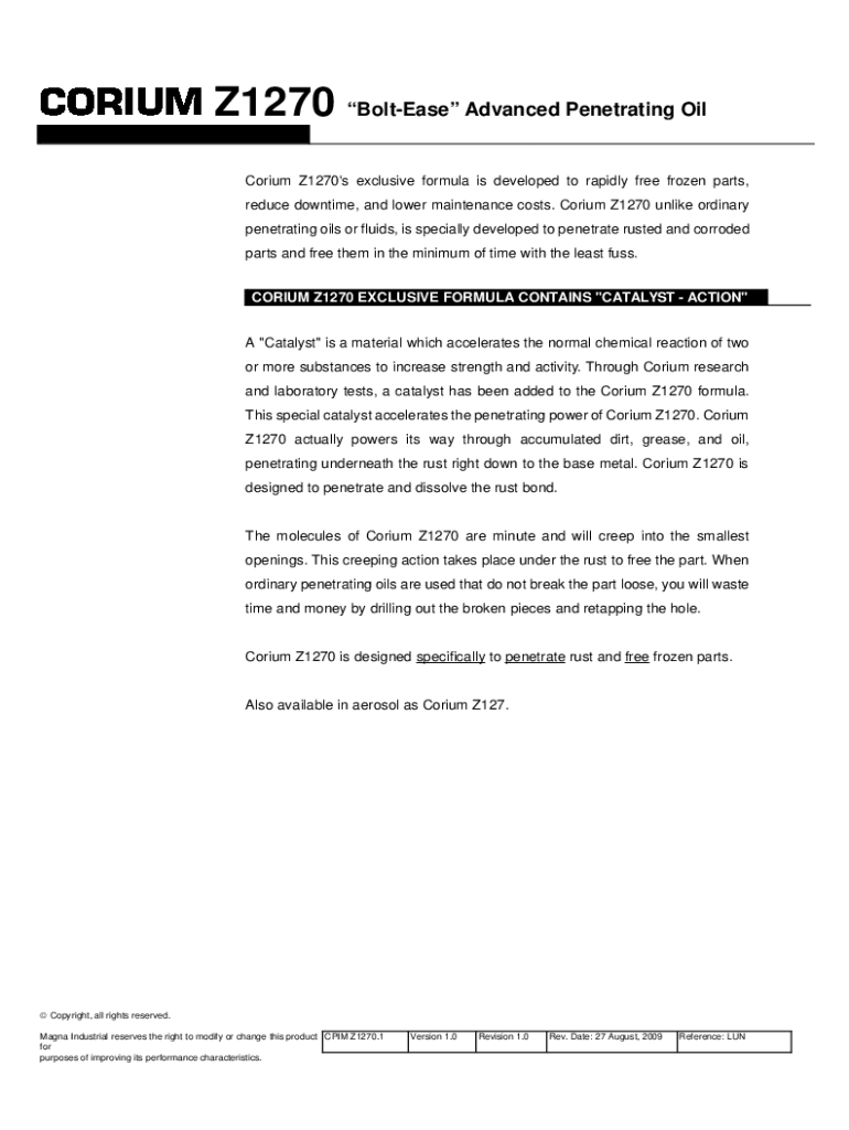 Fillable Online Corium-Z 127 Bolt Ease advance penetrating oil. Ea ...