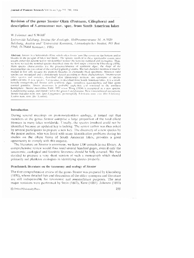 Fillable Online Revision of the genus Stentor OKEN (Protozoa ...