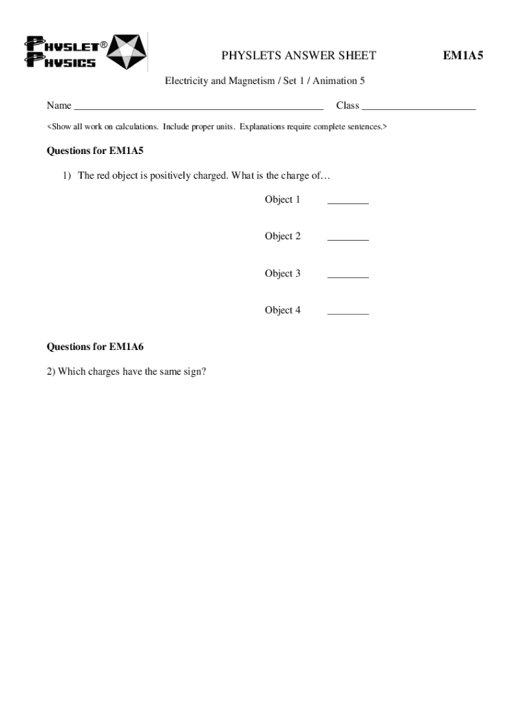 Fillable Online PHYSLETS ANSWER SHEET EM1A5 Fax Email Print - pdfFiller
