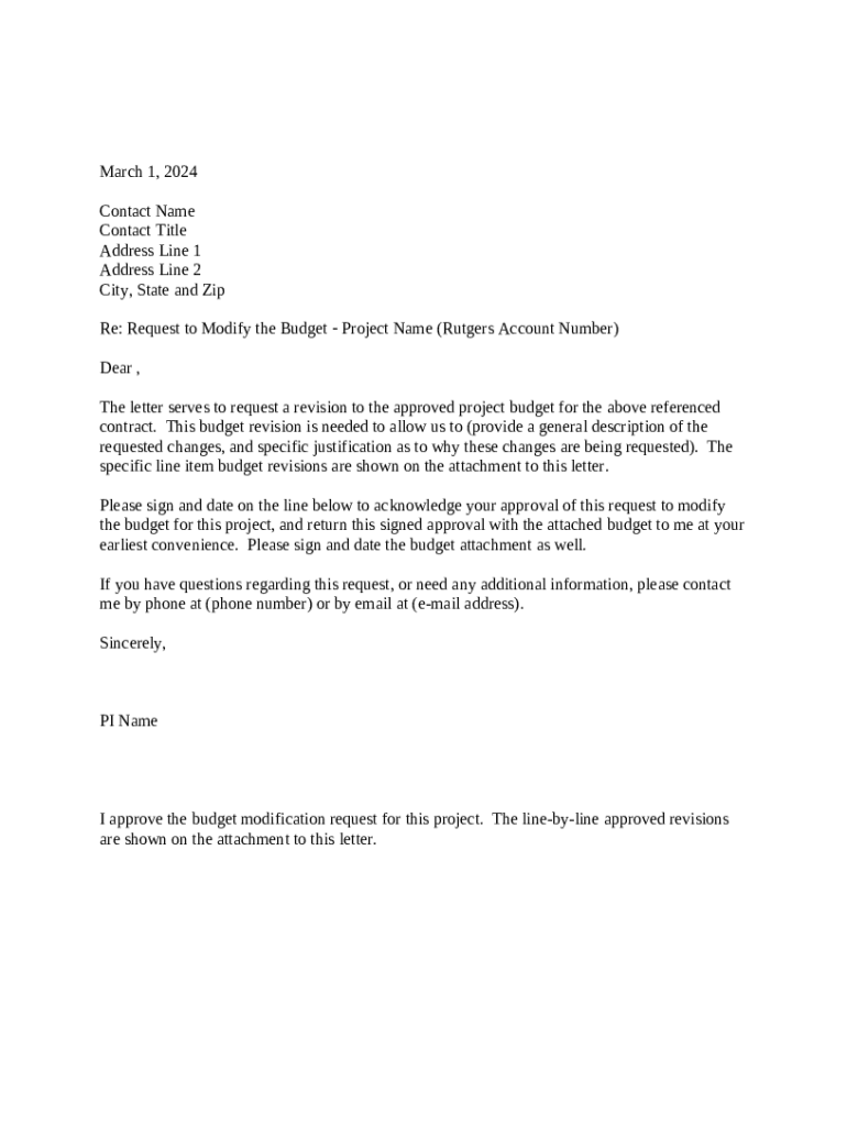 Budget Modification Request Template Doc Template | pdfFiller