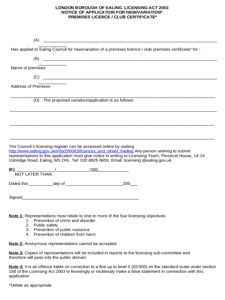 Club premises application variation Doc Template | pdfFiller