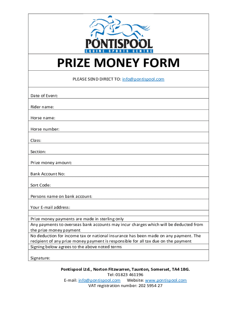 Fillable Online PRIZE MONEY FORM Fax Email Print - pdfFiller