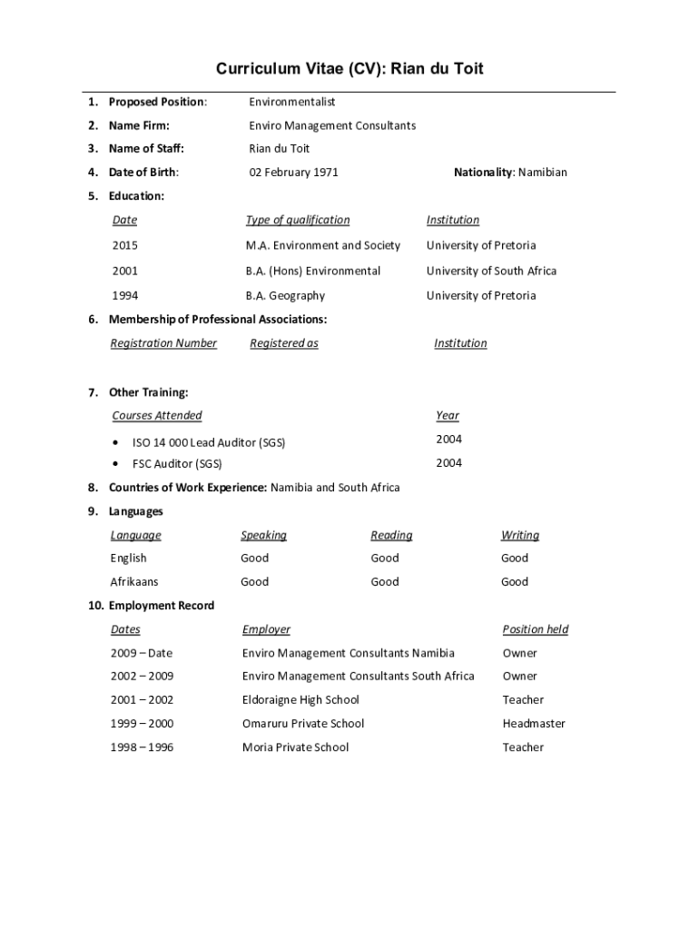 Fillable Online Curriculum Vitae (CV): Rian du Toit Fax Email Print - pdfFiller