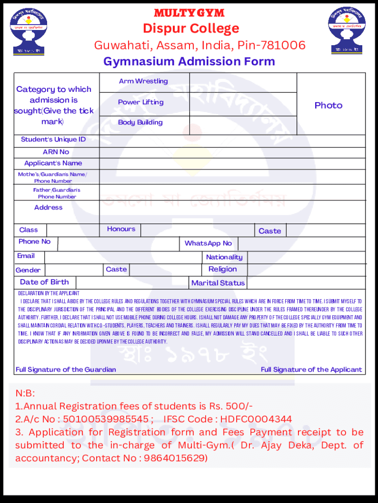 Fillable Online Dispur College Ganeshguri, Guwahati, Assam, India, Pin-781006 Gymnasium ...
