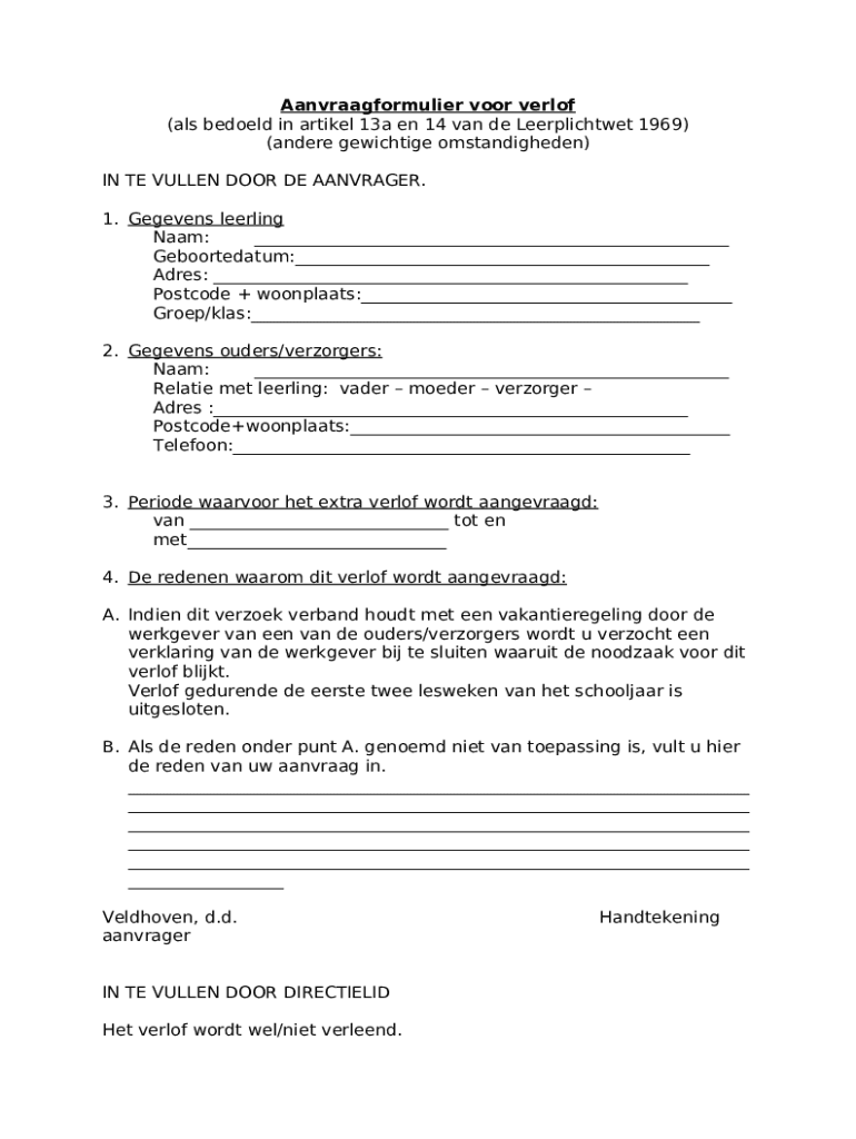 AANVRAAGULIER VERLOF BUITEN DE ... Doc Template | pdfFiller