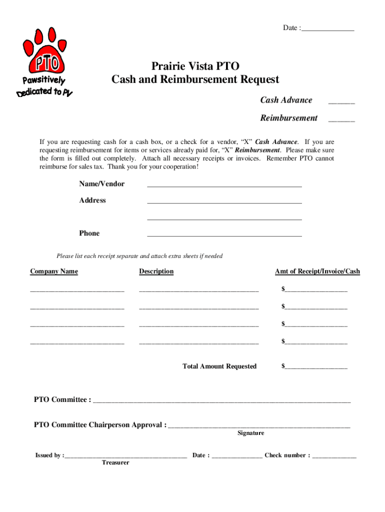 Fillable Online Prairie Vista PTO Cash and Reimbursement Request Fax ...