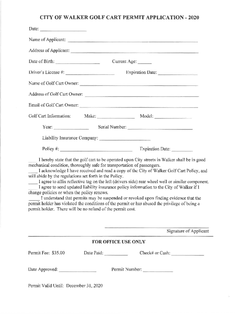 Fillable Online CITY OF WALKER GOLF CART PERMIT APPLICATION Fax Email ...
