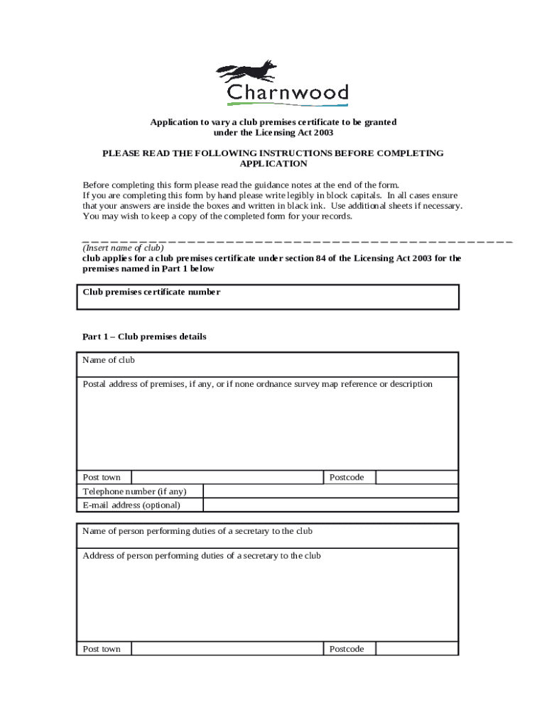 Application to vary a club premises certificate to be ... - NET Doc Template | pdfFiller