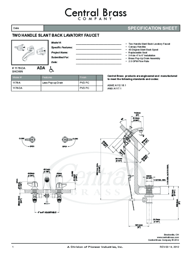 Fillable Online Central Brass 1178-DA Two Handle Slant Back Bathroom ...