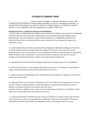Fillable Online TELEHEALTH CONSENT FORM - Alison M. Acton, LMFT Fax ...