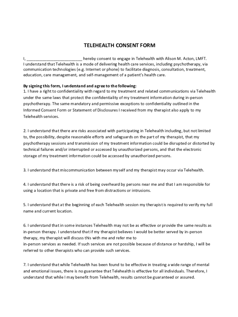 Fillable Online TELEHEALTH CONSENT FORM - Alison M. Acton, LMFT Fax ...