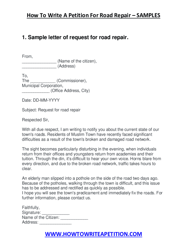 Fillable Online road repair petition and road registration deed form ...