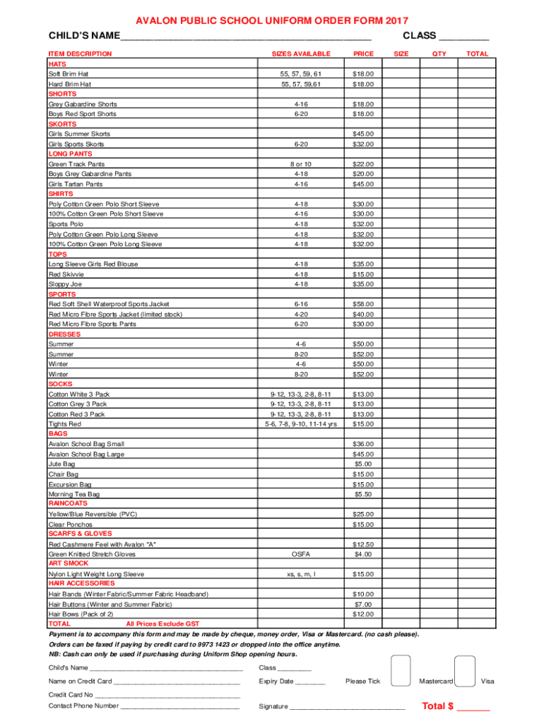 Fillable Online AVALON PUBLIC SCHOOL UNIFORM ORDER FORM Fax Email Print ...