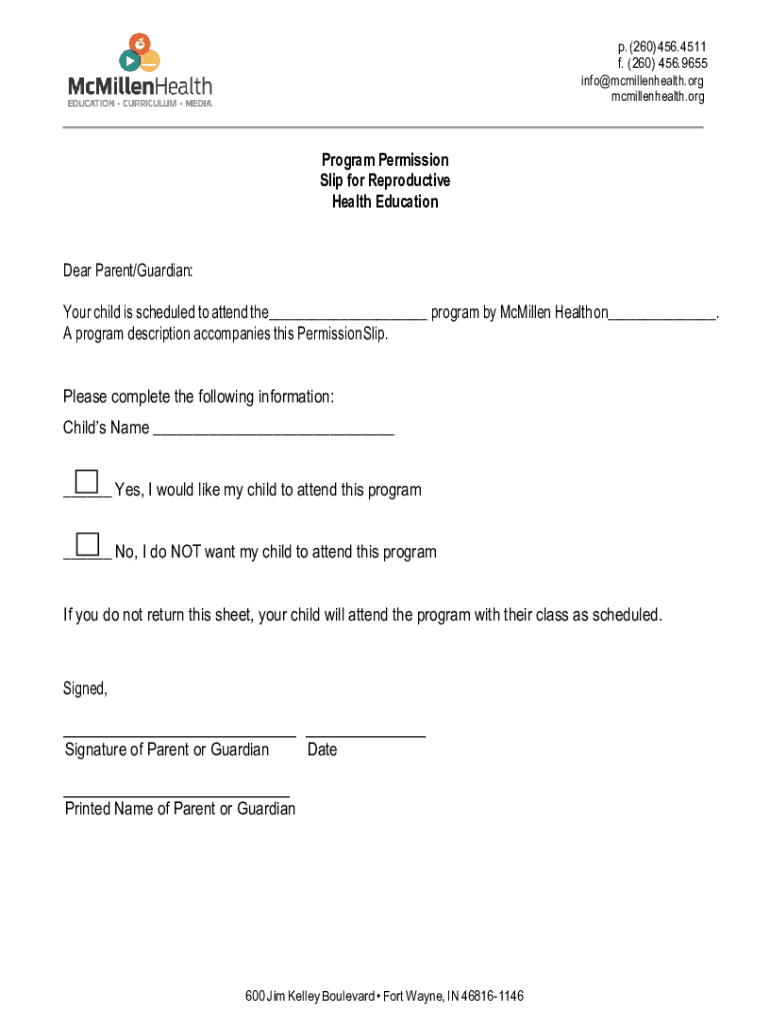 Fillable Online Program Permission Slip For Reproductive Health Education Fax Email Print 