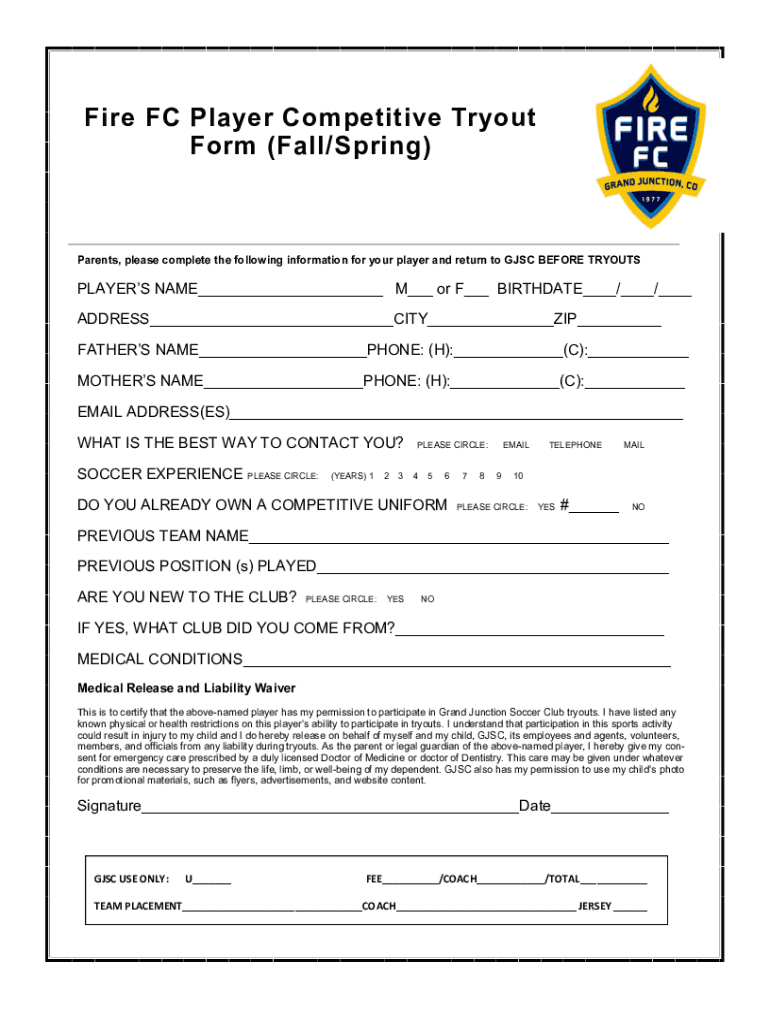 Fillable Online Fire FC Player Competitive Tryout Form (Fall/Spring ...