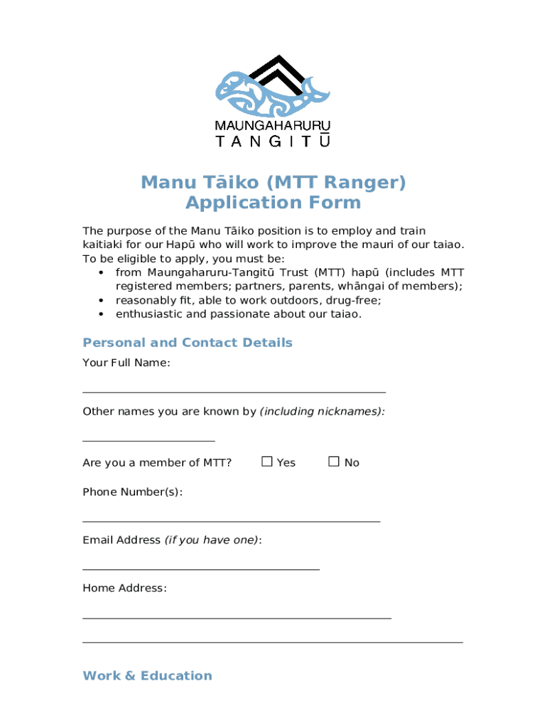 Manu Tiko (MTT Ranger) Application Doc Template | pdfFiller