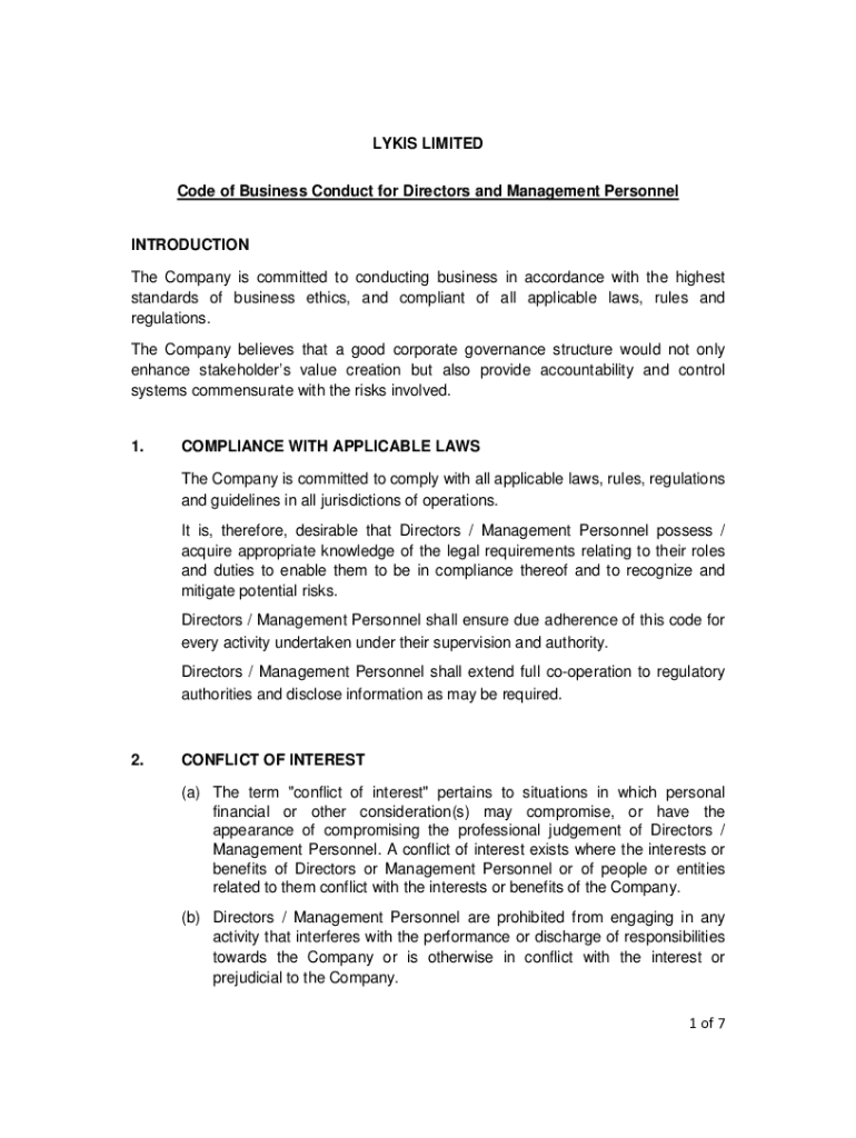 Fillable Online Lykis Limited Code of Business Conduct for Directors ...