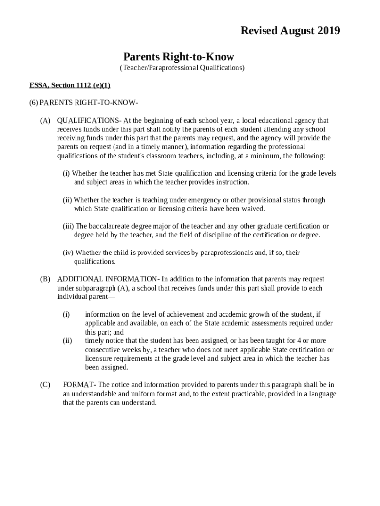 Parents Right-to-Know (Teacher Qualification Status) Doc Template ...
