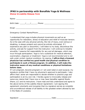 Fillable Online JPAS in partnership with Bonafide Yoga & Wellness - Waiver ... Fax Email Print ...
