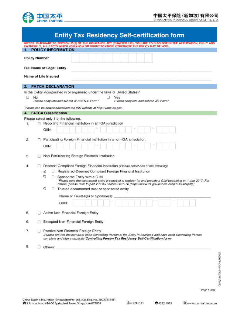 Fillable Online Entity Tax Residency Self Certification Form - Tokio ...