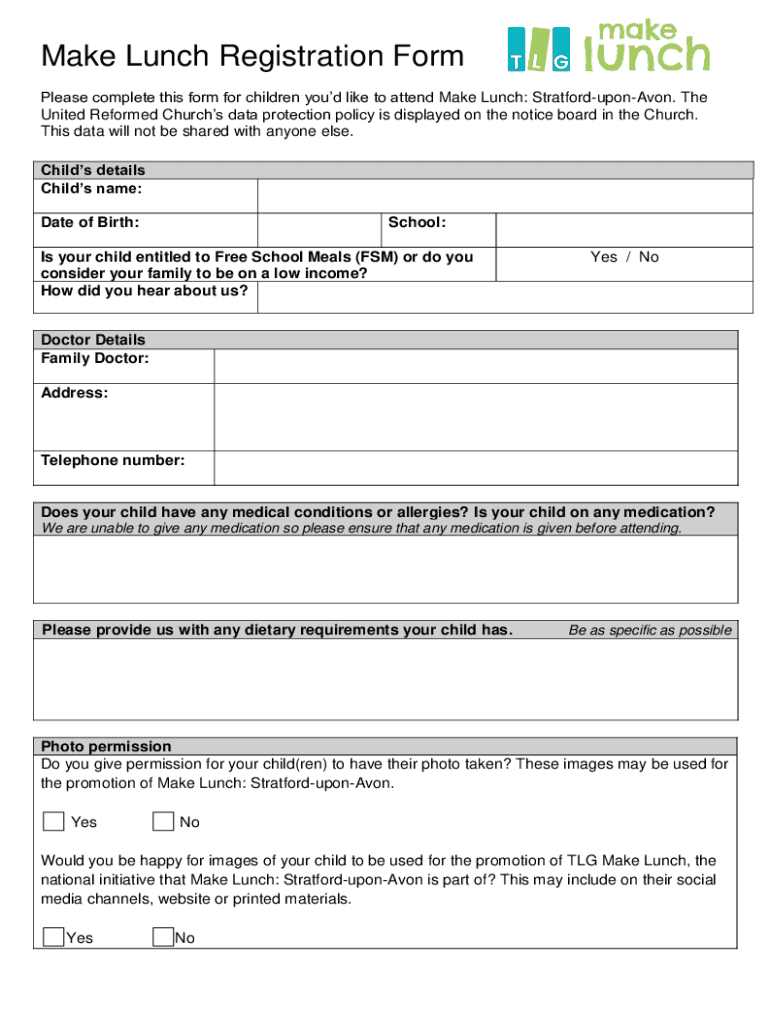 Fillable Online Make Lunch Registration Form - Stratford-upon-Avon ...