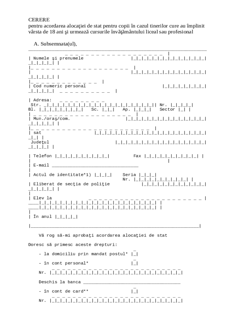Model Cerere Alocatie PT Tineri Peste 18 Ani PDF Doc Template | pdfFiller