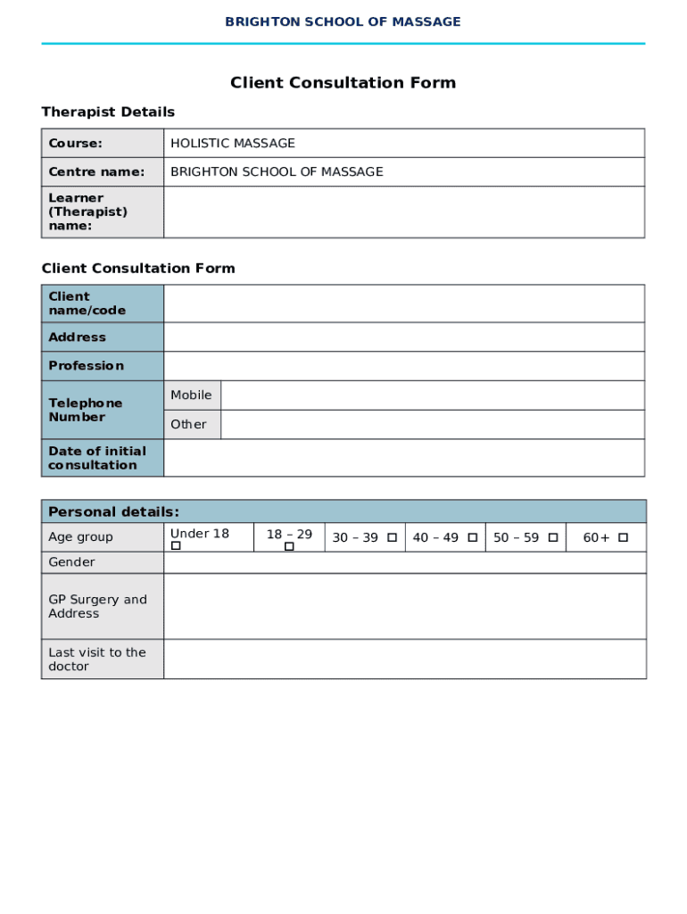 Massage Consultation Pdf - Fill Online, Printable ... Doc Template ...