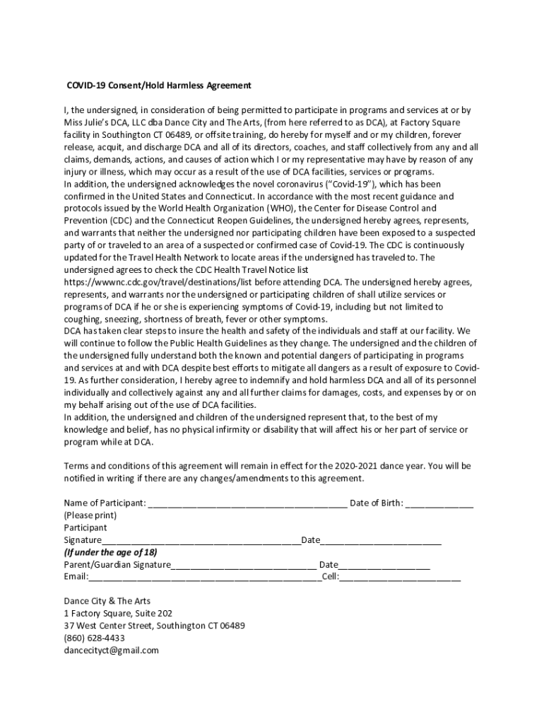 Fillable Online COVID-19 Consent/Hold Harmless Agreement Fax Email Print - pdfFiller