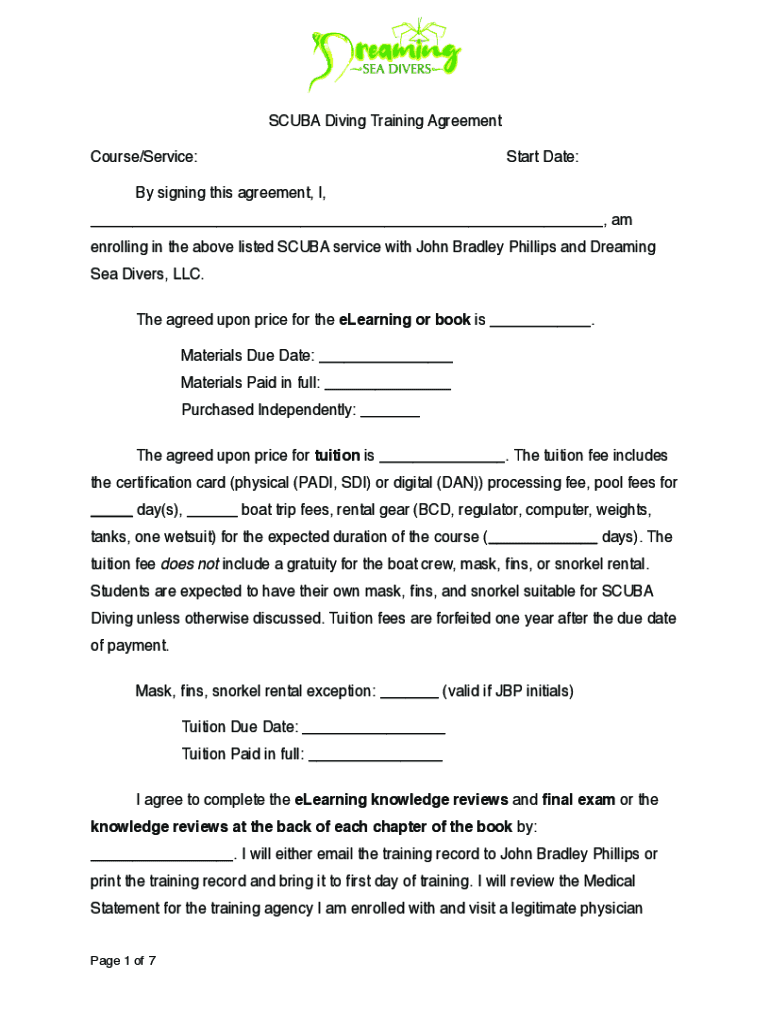 Fillable Online SCUBA Diving Training Agreement Fax Email Print - pdfFiller