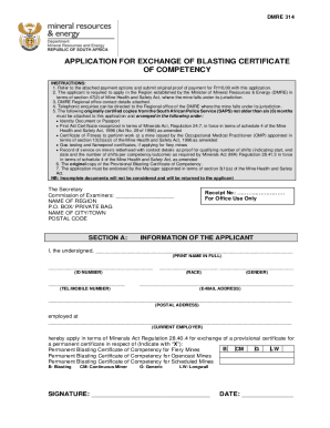 Fillable Online DMRE 314 Application Form for Exchange of Blasting ...