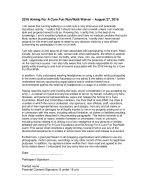 Fillable Online 2016 Aiming For A Cure Fun Run/Walk Waiver Fax Email ...