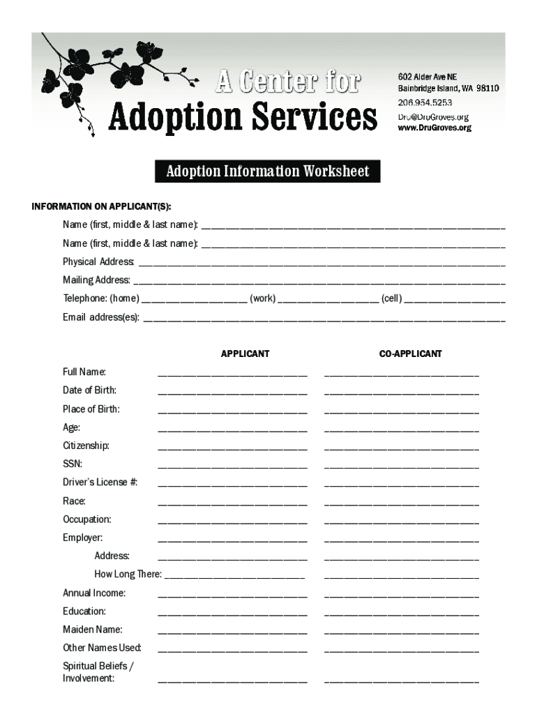 Fillable Online Adoption Information Worksheet Fax Email Print - pdfFiller
