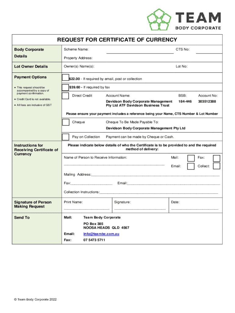 Fillable Online REQUEST FOR CERTIFICATE OF CURRENCY Fax Email Print ...