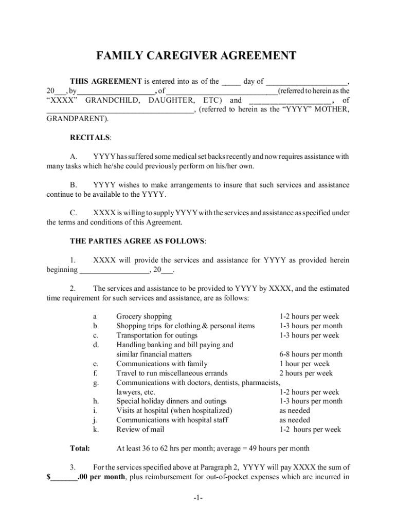 Fillable Online FAMILY CAREGIVER AGREEMENT Fax Email Print - pdfFiller