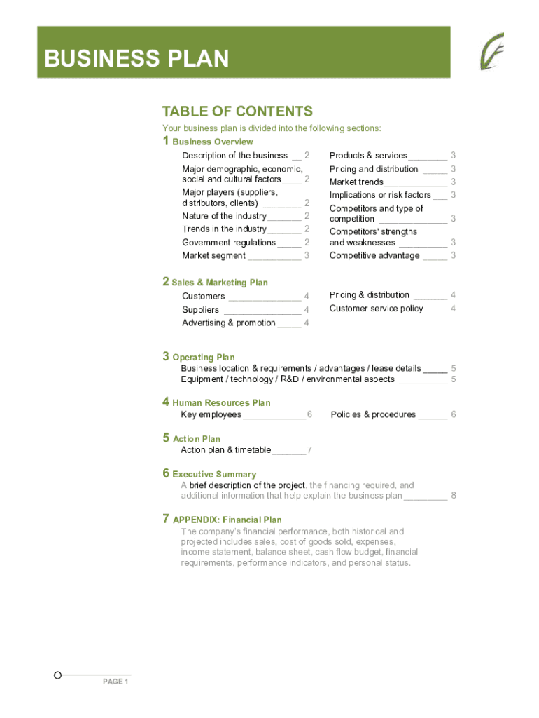 Fillable Online 1- Blank Business Plan Template - BUSINESS PLAN TABLE ...