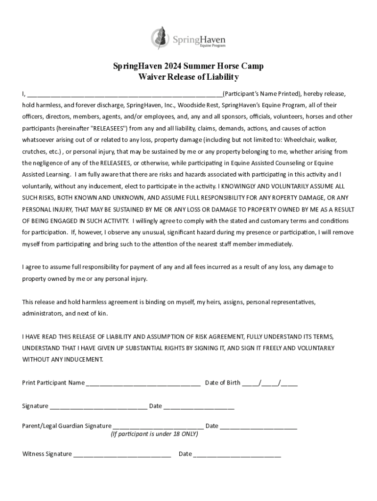 Fillable Online 2024 Summer Horse Camp Waiver Release of Liability Fax ...