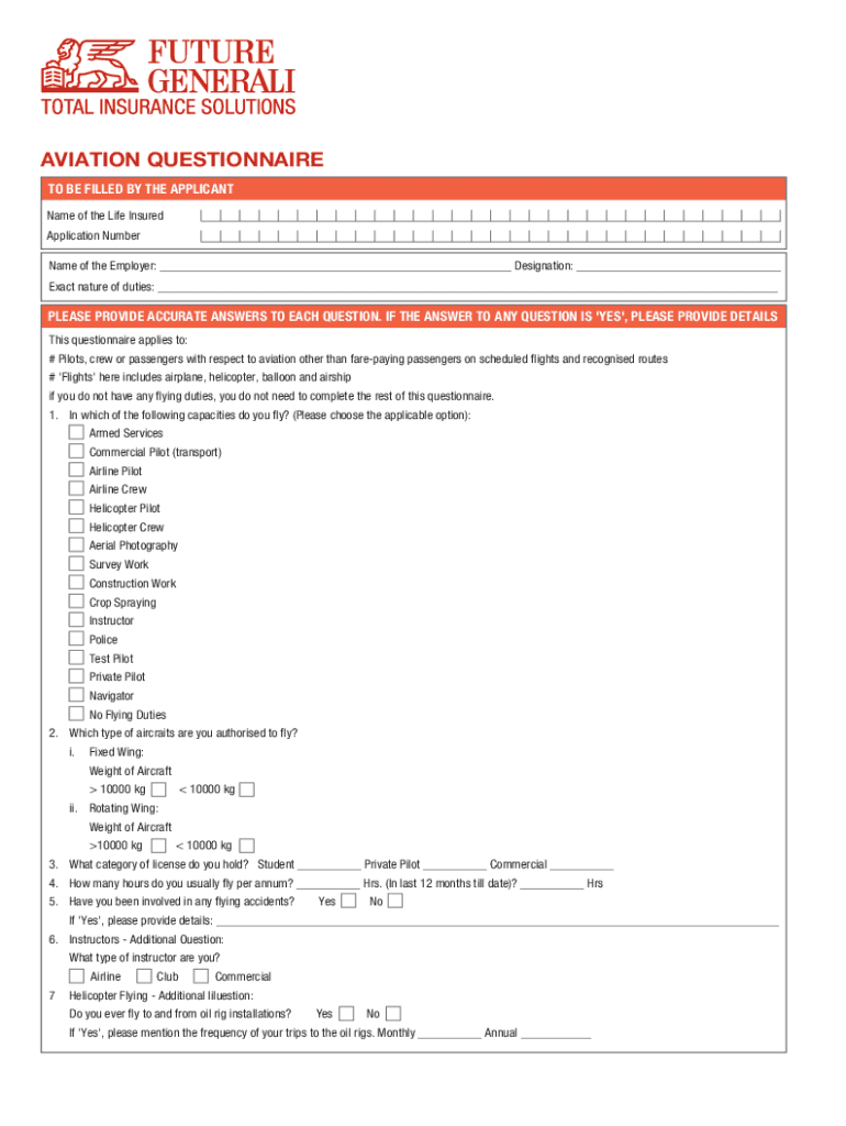 Fillable Online life futuregenerali Aviation Questionnaire - Future ...