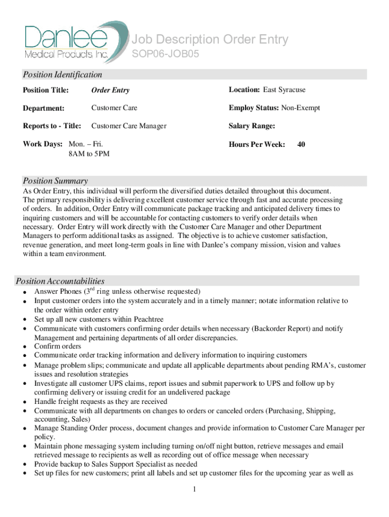 Fillable Online SOP-06BFORM03 CUSTOMER CARE SUPPORT JOB DESCRIPTION ...
