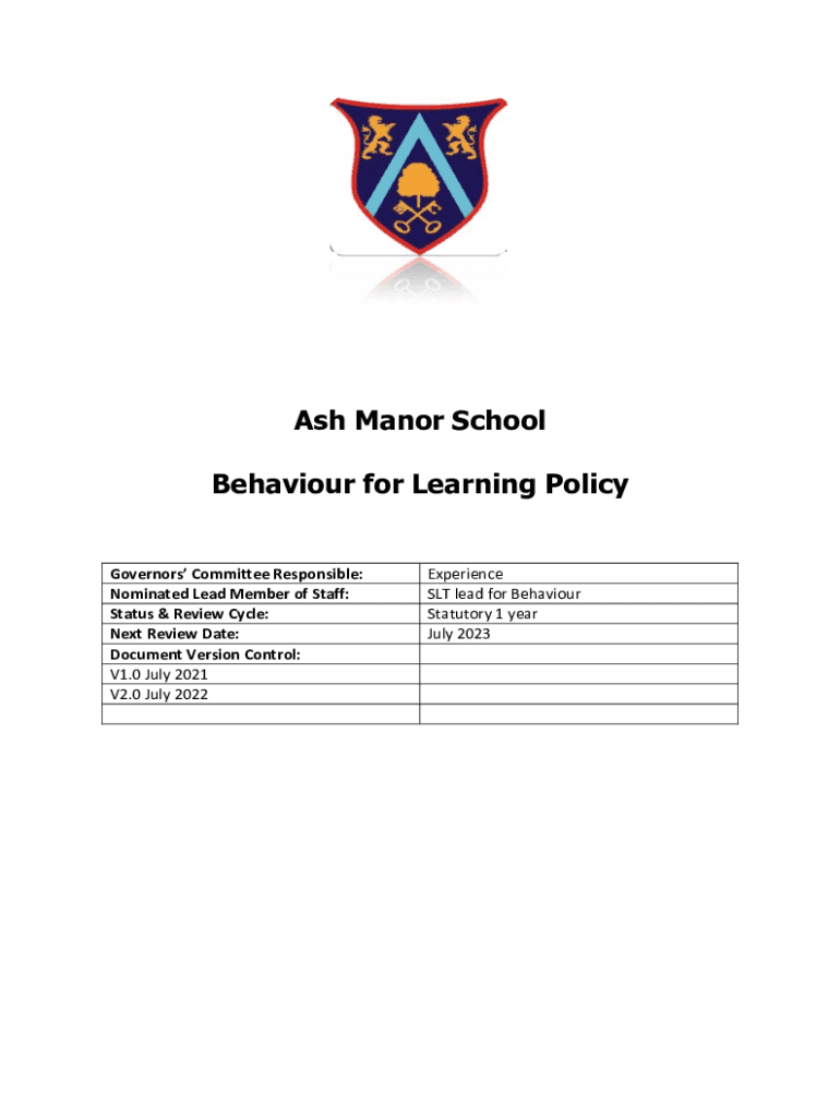 Fillable Online Ash Manor School Behaviour for Learning Policy Fax ...