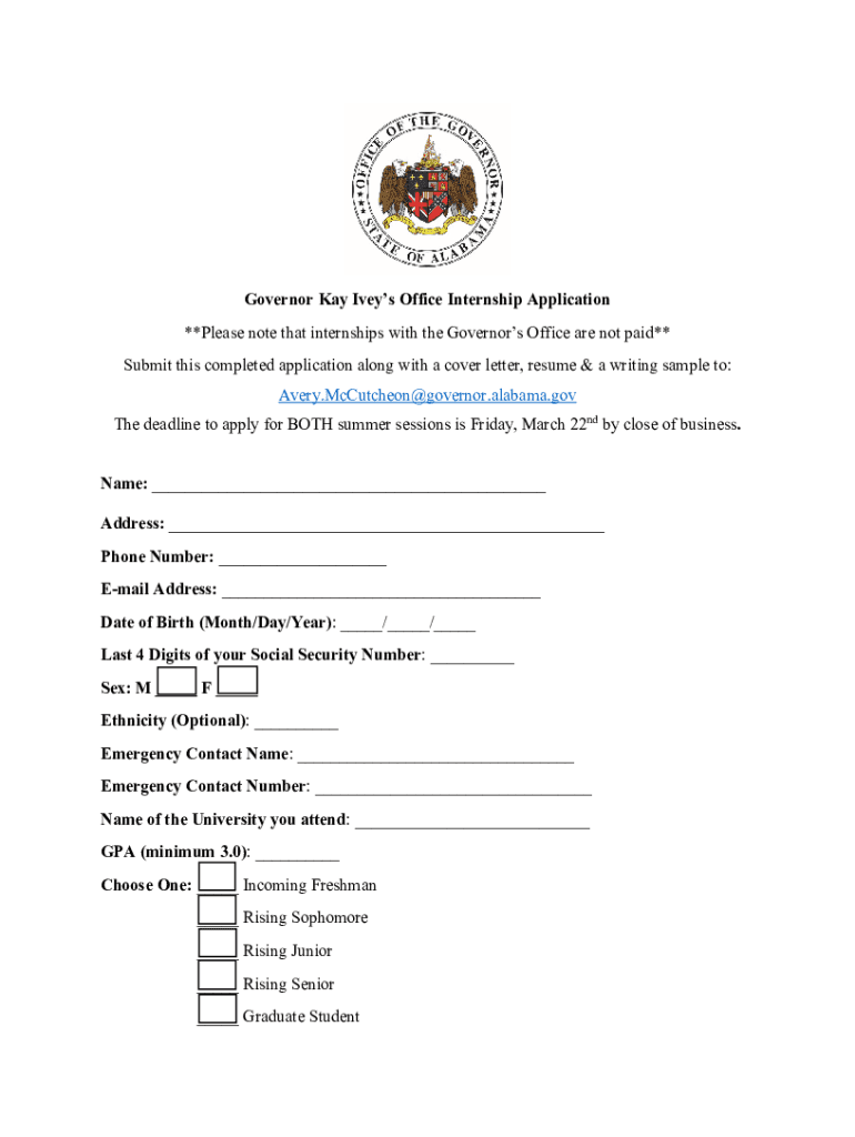 Fillable Online Governor's Office summer internship applications are ...