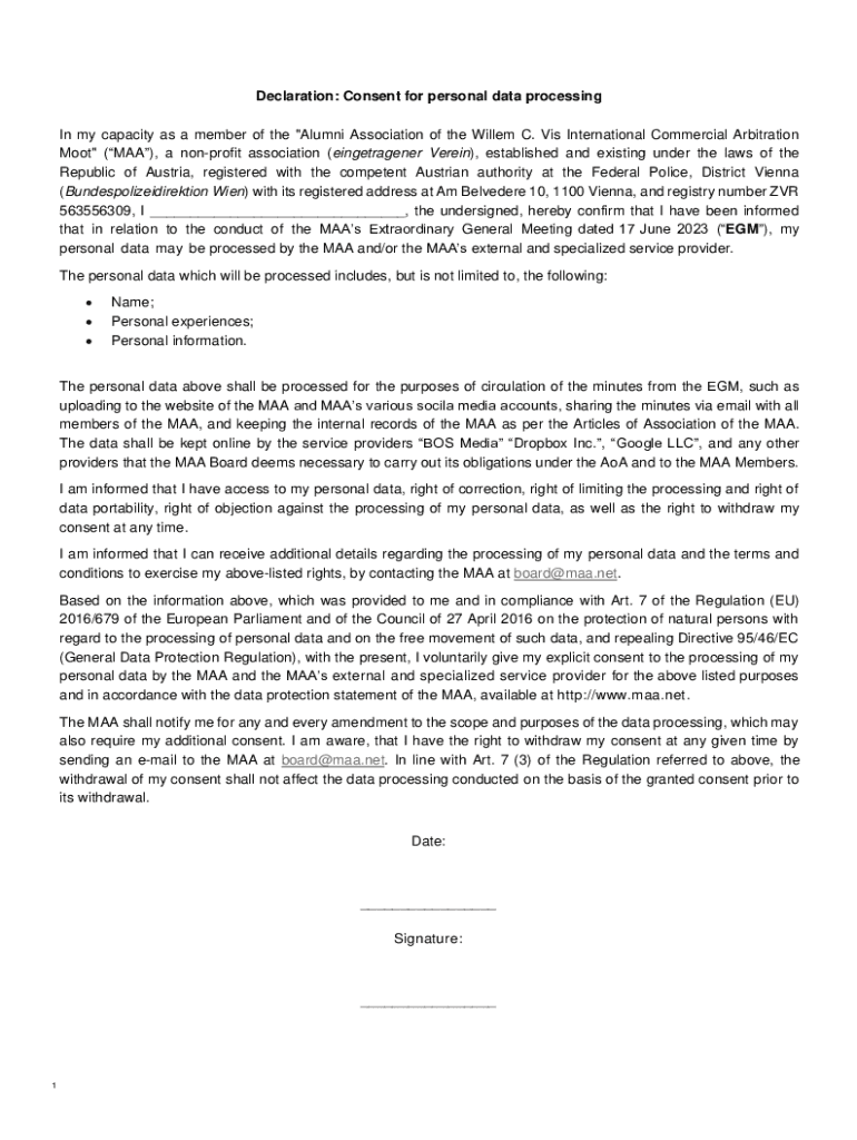 Fillable Online Declaration: Consent for personal data processing Fax ...