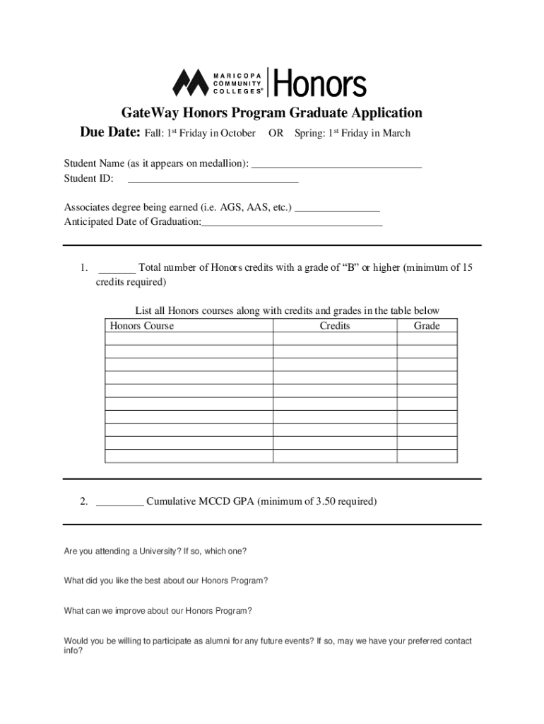 Fillable Online GateWay Honors Program Graduate Application Fax Email ...